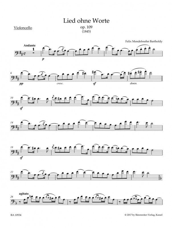 Mendelssohn: Song without Words (Lied ohne Worte) Op 109 for Cello ...