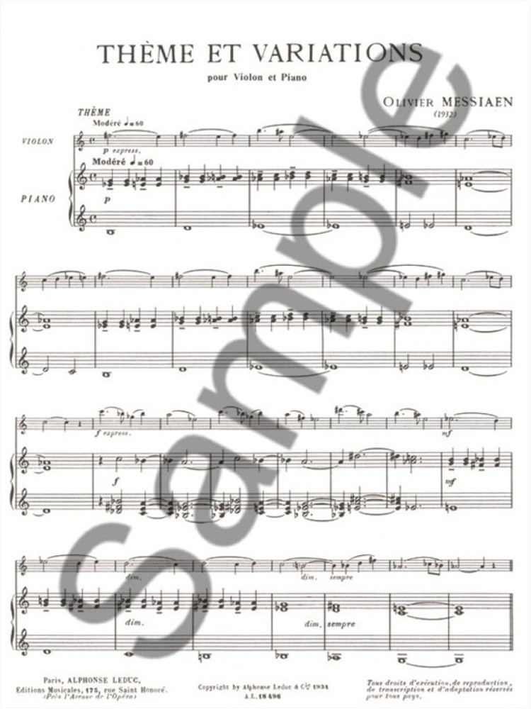 Forwoods ScoreStore | Messiaen: Thème et Variations for Violin ...