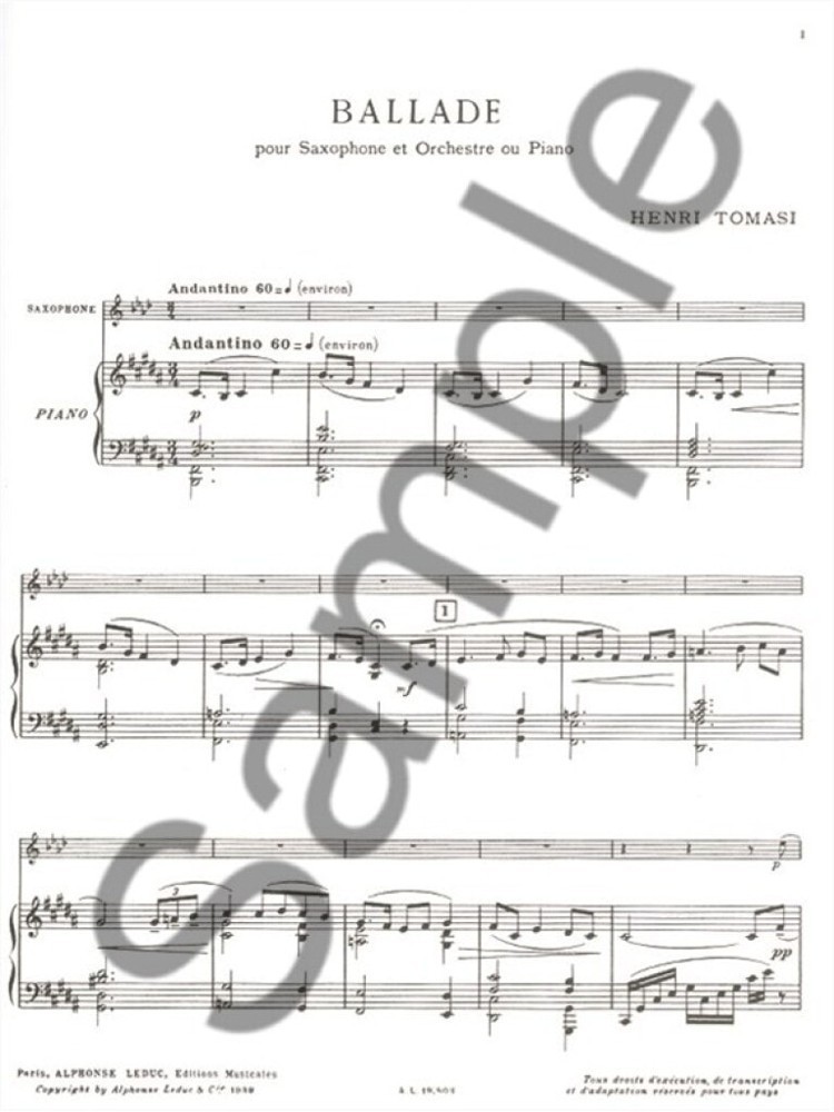 Tomasi: Ballade for Alto Saxophone published by Leduc | Forwoods ScoreStore