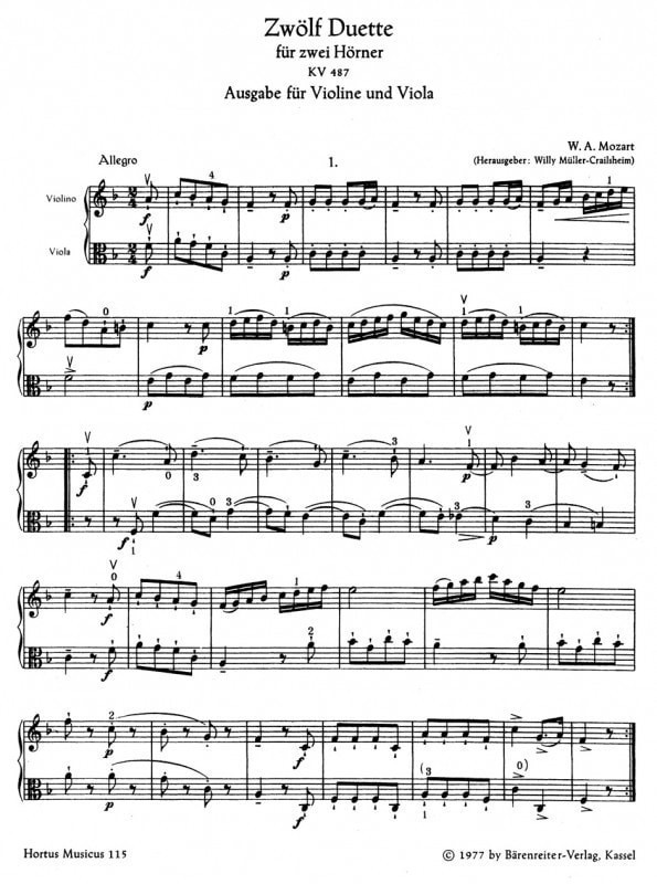 Mozart: 12 Duets K487 (originally for 2 horns) for Violin and Viola ...
