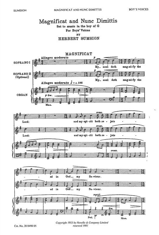 Sumsion: Magnificat And Nunc Dimittis In G (Boys Voices) published by ...