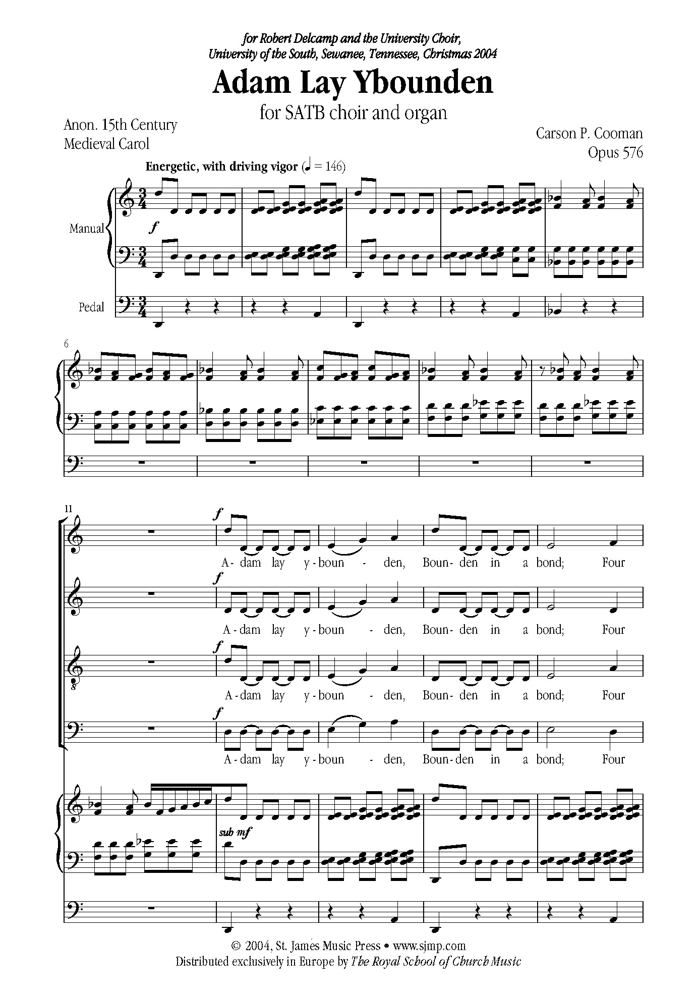Cooman: Adam lay ybounden SATB & Organ published by St James Music Press | Forwoods ScoreStore