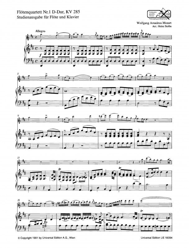 Mozart: Flute Quartet in D K285 arranged for Flute & Piano published by ...